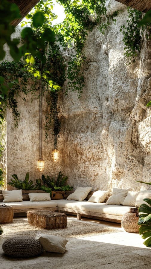 Cozy Interior Design in Stone Cave with Hanging Lamps and Plants Stock ...