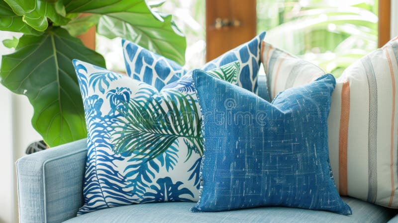 Cozy Interior Design with Tropical and Blue Textured Pillows Stock ...