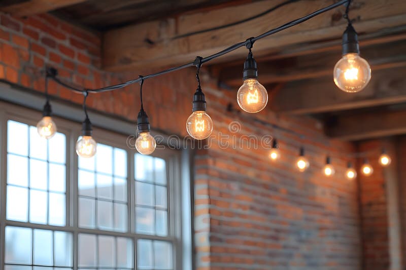 Cozy Interior with Edison Bulb String Lights in Industrial Loft Setting ...