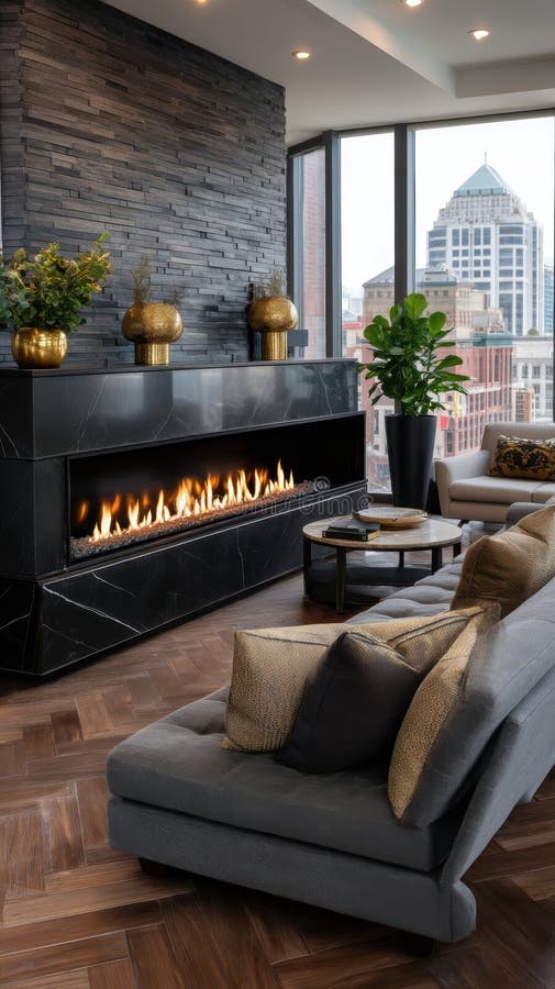 Cozy Interior Featuring a Long Linear Fireplace Under a Stone Feature ...