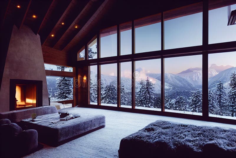 Cozy Interior of a House with Big Windows To the Snowy Forest and a ...