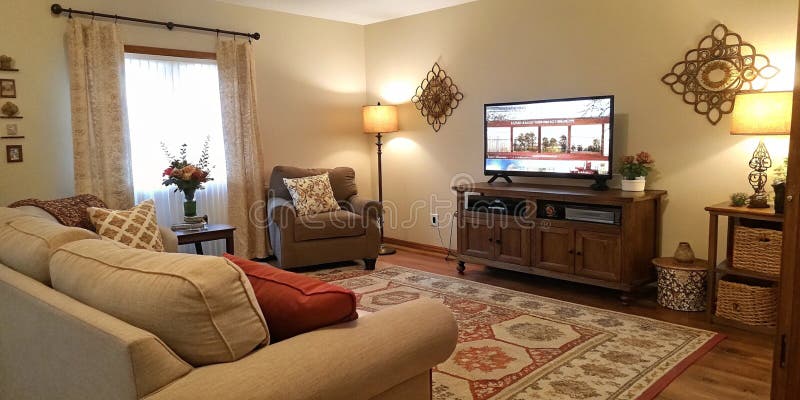 Cozy Interior of Living Room with TV on Stand Stock Photo - Image of ...