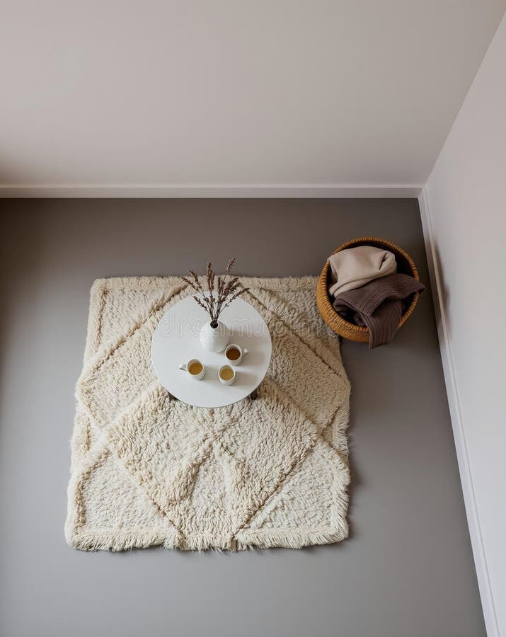 Cozy Interior: Overhead View of Rug, Table with Vase, and Basket Stock ...
