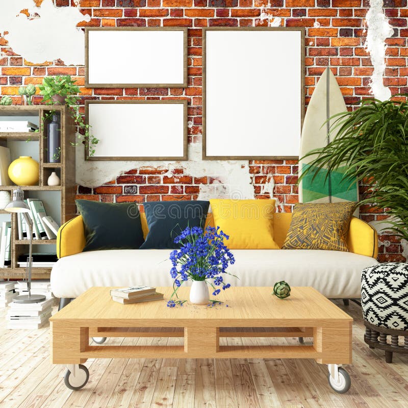 Cozy Interior Poster Mock Up with Old Brick Wall Stock Illustration ...
