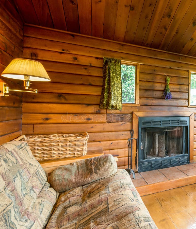 Cozy Interior of a Rustic Log Cabin Stock Photo - Image of fireplace ...