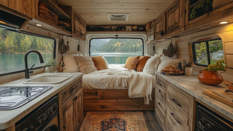 Cozy Interior of a Rustic Van Camper by the Lake with a Stylish Bed and ...