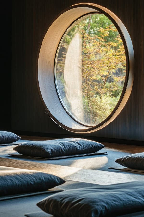 Cozy Interior Scene with a Round Window and Pillows Scattered on the ...