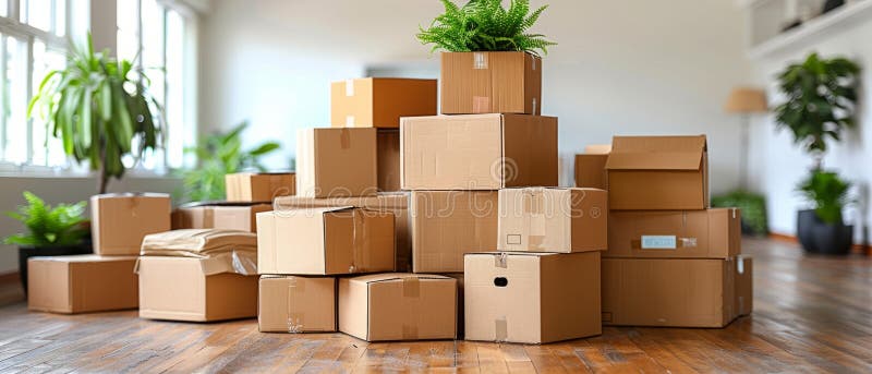 A Cozy Interior Space Filled with Stacked Cardboard Boxes and Vibrant ...