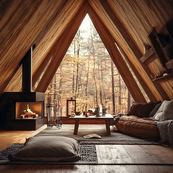 A Cozy Interior with a Triangular Wooden Structure Featuring a Large ...