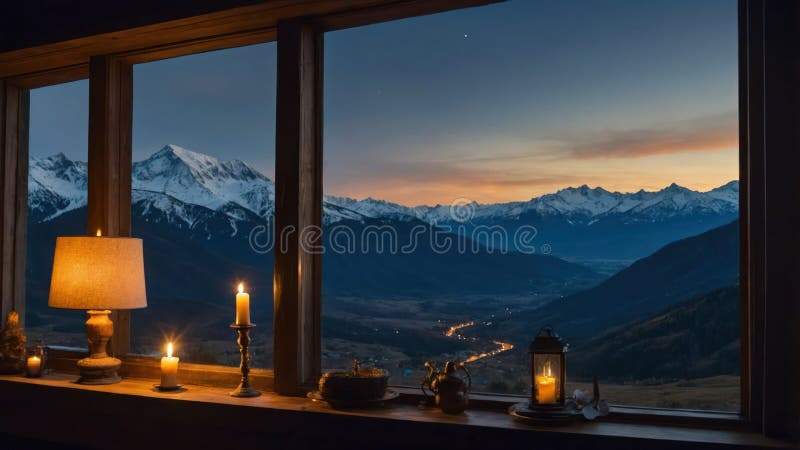 Romantic Mountain View from Cozy Window at Dusk Stock Illustration ...