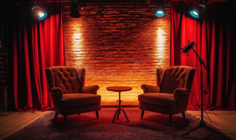 Cozy Interview Setup with Vintage Armchairs and Warm Lighting Against ...