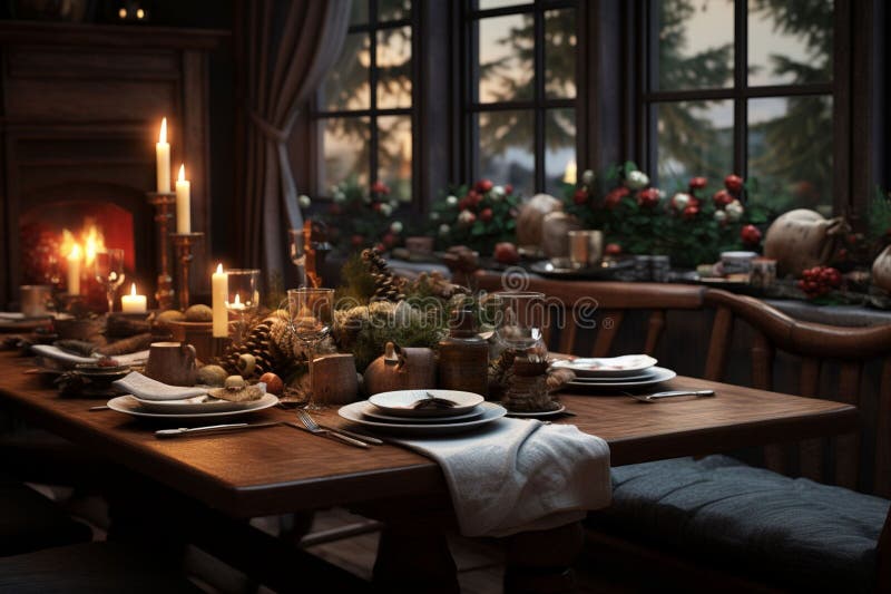 Cozy and Intimate Christmas Dinner Settings with Stock Illustration ...