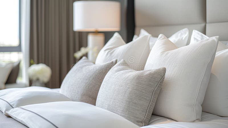 The Cozy, Inviting Bedroom Bed with White, Decorative Pillows and Soft ...