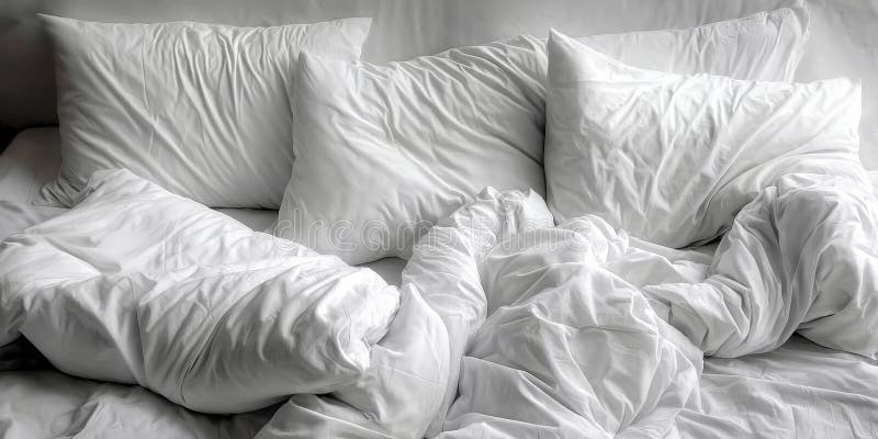 Cozy and Inviting Bedroom Scene with Rumpled White Bed Linen Creating a ...