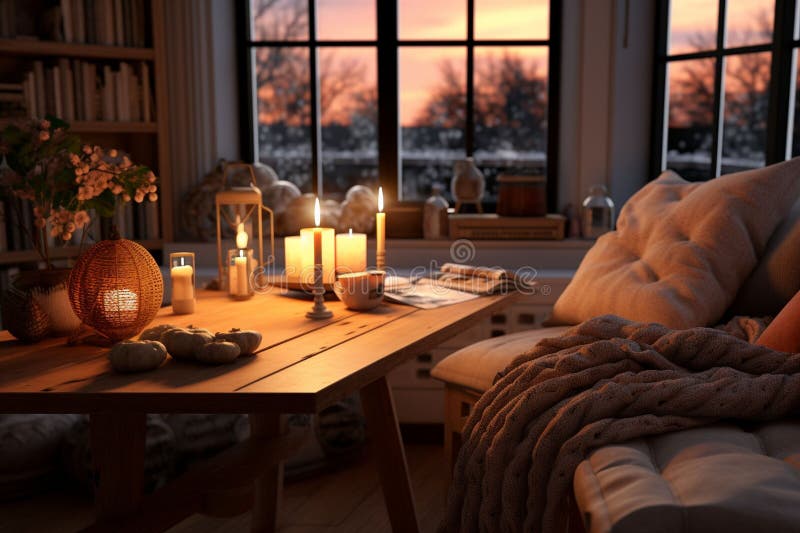 Cozy and Inviting Hygge Home Scenes Illustrating Stock Illustration ...