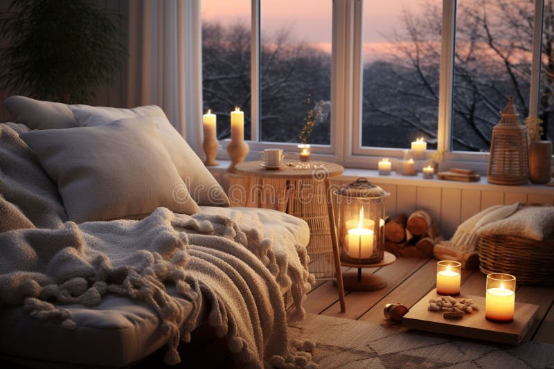 Cozy and Inviting Hygge Home Scenes Illustrating Stock Illustration ...