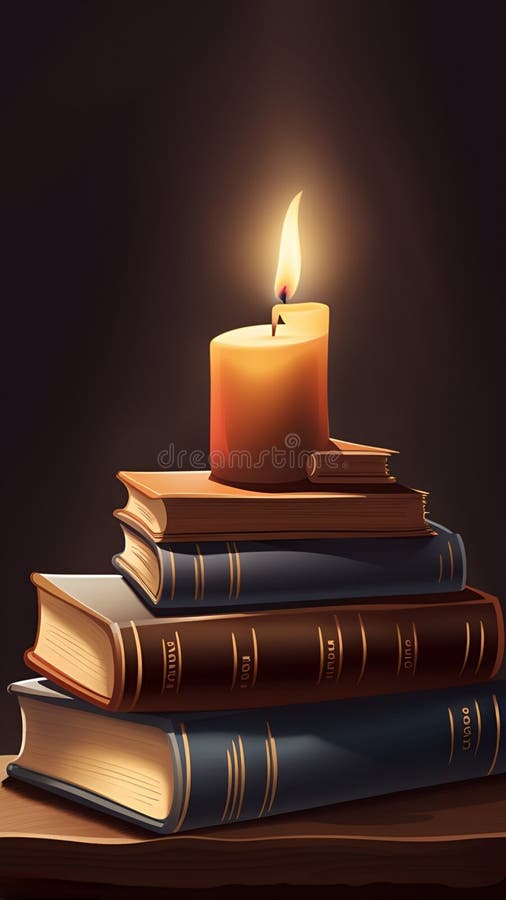 A Stack of Books on a Wooden Table with a Cup of Coffee and a Candle ...