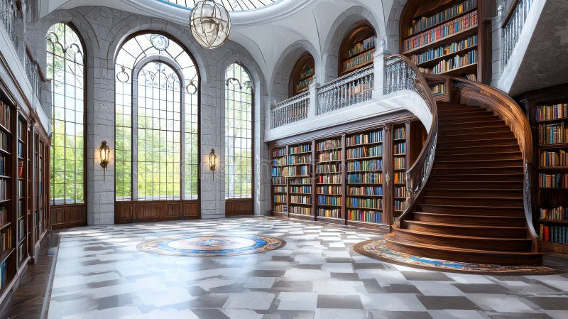 Cozy and Inviting Library with Elegant Staircase Stock Illustration ...