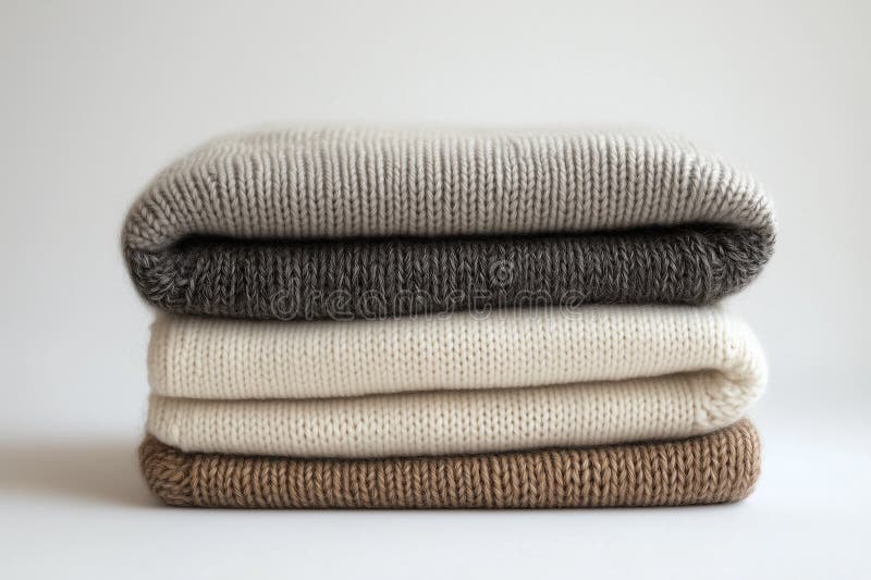 A Cozy and Inviting Stack of Knitted Sweaters in Soft Neutral Tones ...