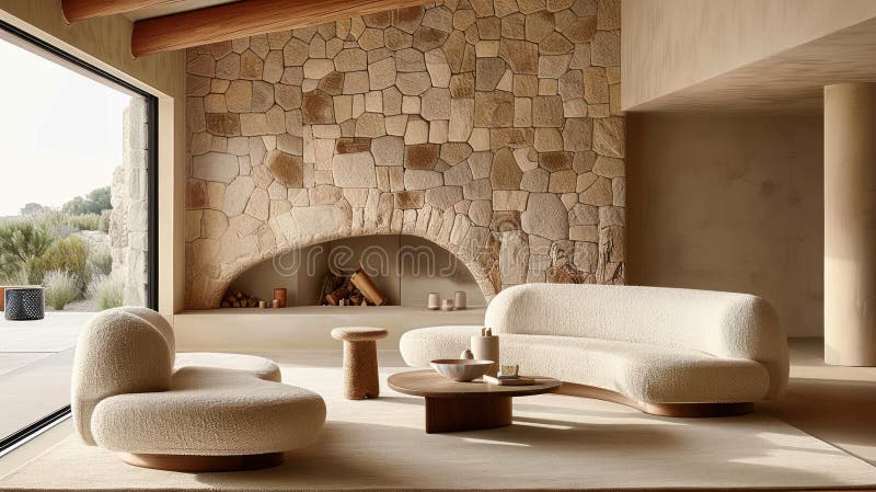 Cozy Japandi Boho Living Room with Curved Beige Sofas and Stone ...