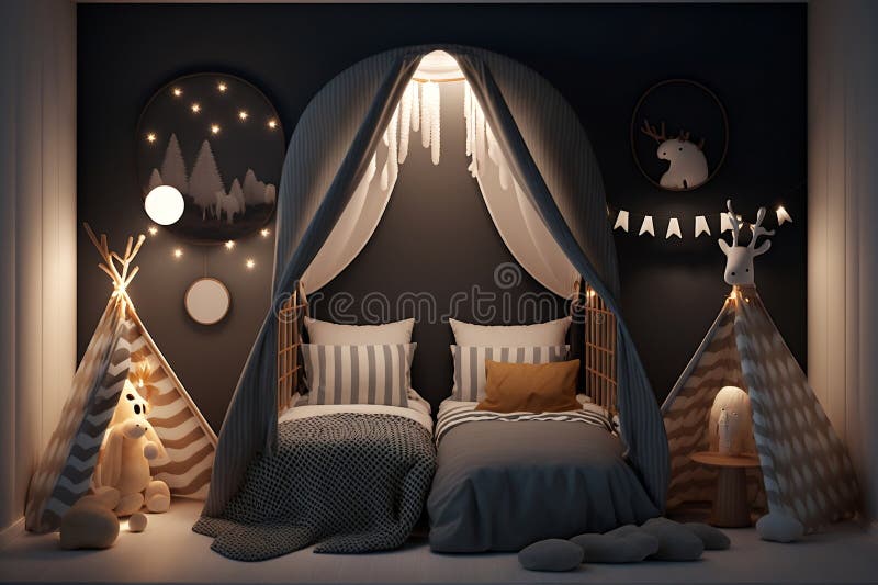 Cozy Kids Room Interior in Dark Colors, AI Generated Stock Illustration ...