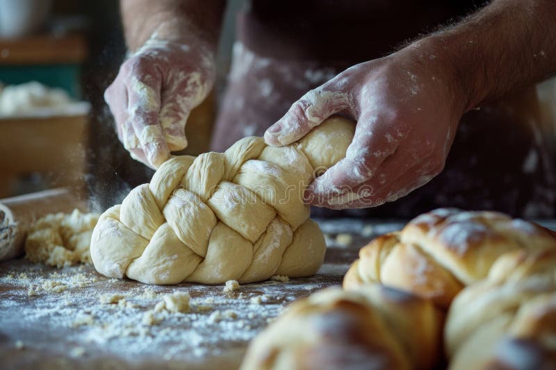 In a Cozy Kitchen, a Baker Skillfully Shapes Soft Dough into a Braided ...