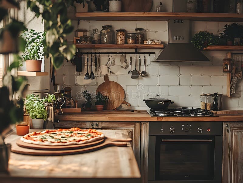 A Cozy Kitchen with Homemade Pizza in the Oven Stock Illustration ...