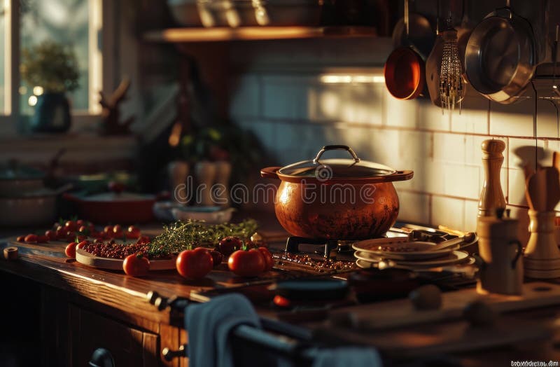 Cozy Kitchen in a House Outside the City while Cooking Stock ...