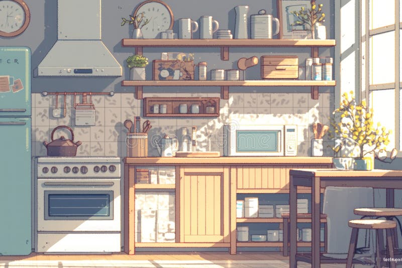 Cozy Kitchen Illustration with Stove, Microwave, and Window Sunlight Stock Illustration ...