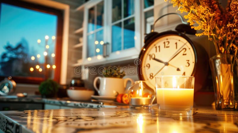 Cozy Kitchen Interior with Candlelight and Vintage Clock at Dusk Stock ...