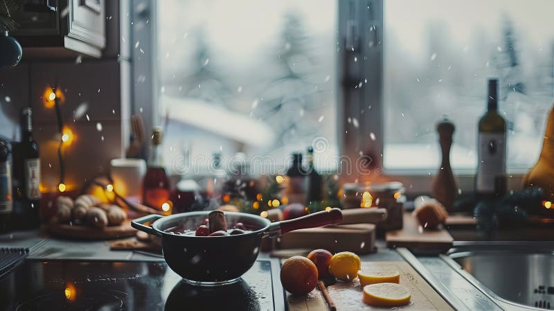 Cozy Kitchen Interior with Cooking Ingredients, Snow Outside Stock ...