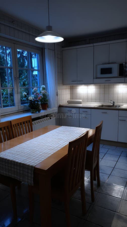 Cozy Kitchen Interior with Dining Table, Flowers, and Warm Lighting at ...