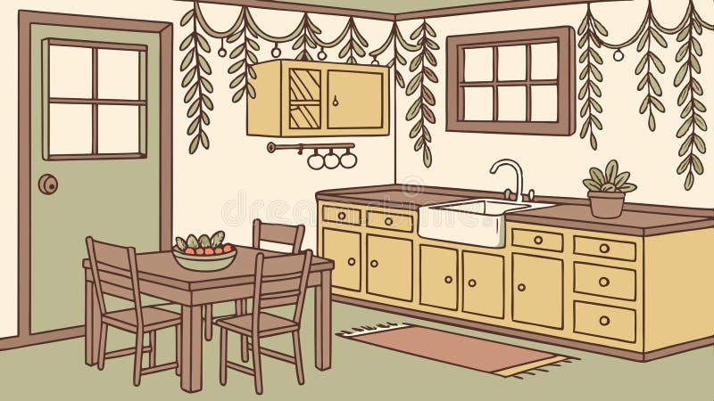 Cozy Kitchen Interior, Farmhouse Style and Rustic Home Scene Vector ...