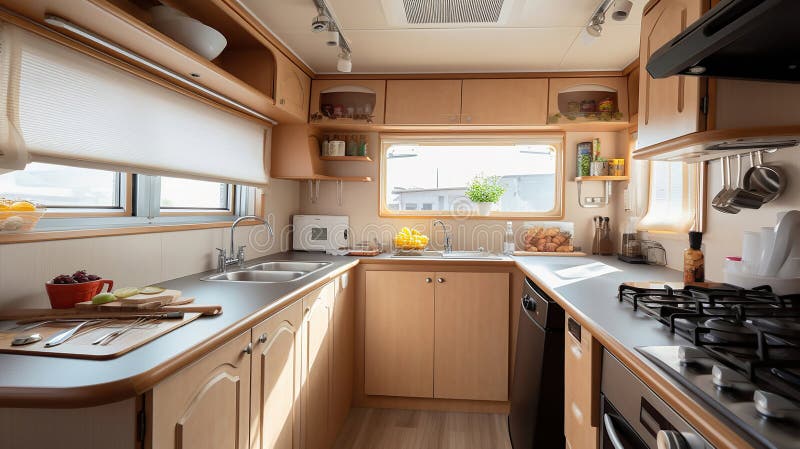 Cozy Kitchen Interior in the Trailer of Mobile Home or Recreational ...