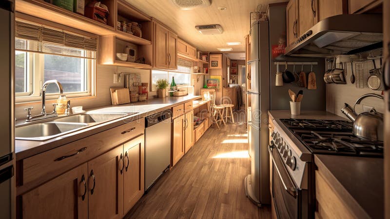 Cozy Kitchen Interior in the Trailer of Mobile Home or Recreational ...