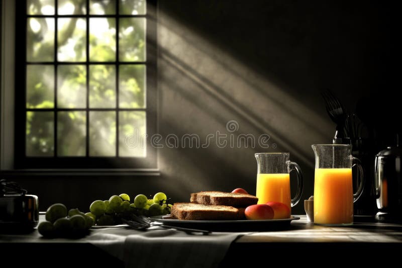 Cozy Kitchen Morning Breakfast with Orange Juice and Sunlit Window ...