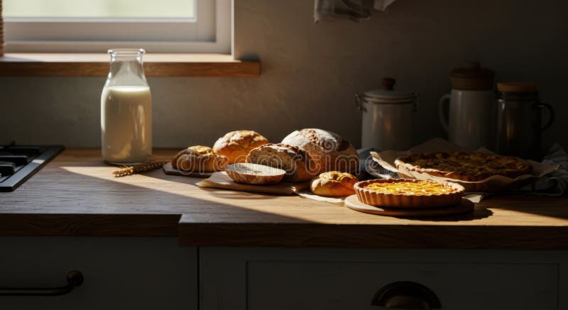 Cozy Kitchen Morning Fresh Bread Pastries Sunlight Rustic Counter Stock ...