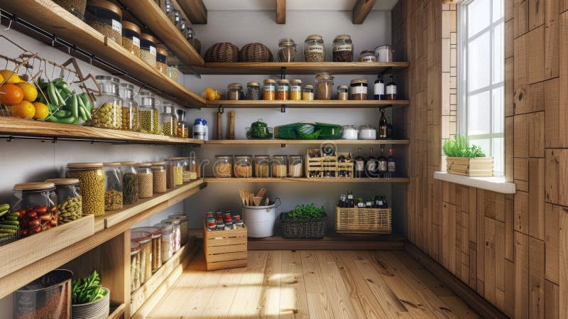 Cozy Kitchen with Plenty of Storage Space on Wooden Shelves Stock Photo ...