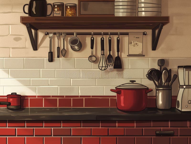 Cozy Kitchen with Red and White Tiles Stock Image - Image of ...
