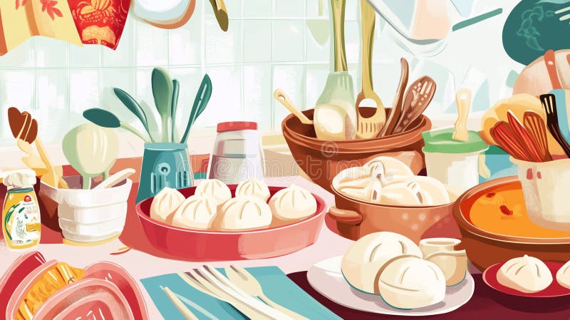 Cozy Kitchen Scene with Bao Buns in Pixar-inspired Animation Style ...