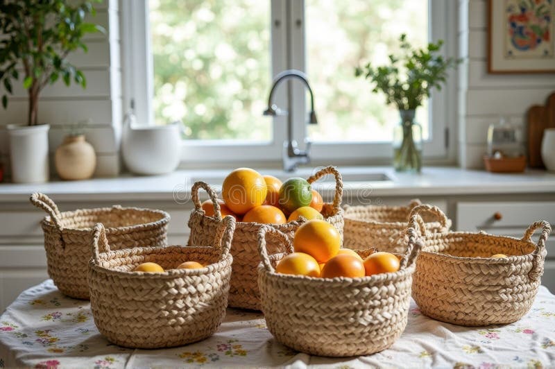 Cozy Kitchen Scene with Baskets of Fresh Citrus Fruits on Table Stock ...