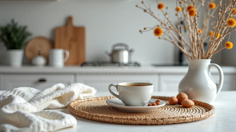 Cozy Kitchen Scene with Coffee Cup and Autumn Decor in a Minimalist ...
