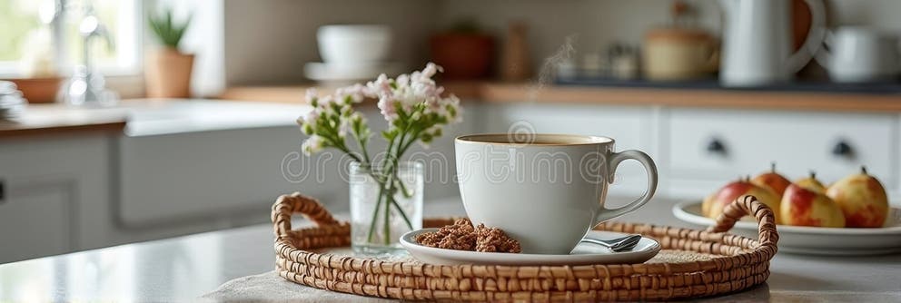 Cozy Kitchen Scene with Coffee Cup, Flowers, and Apples on Wicker Tray ...