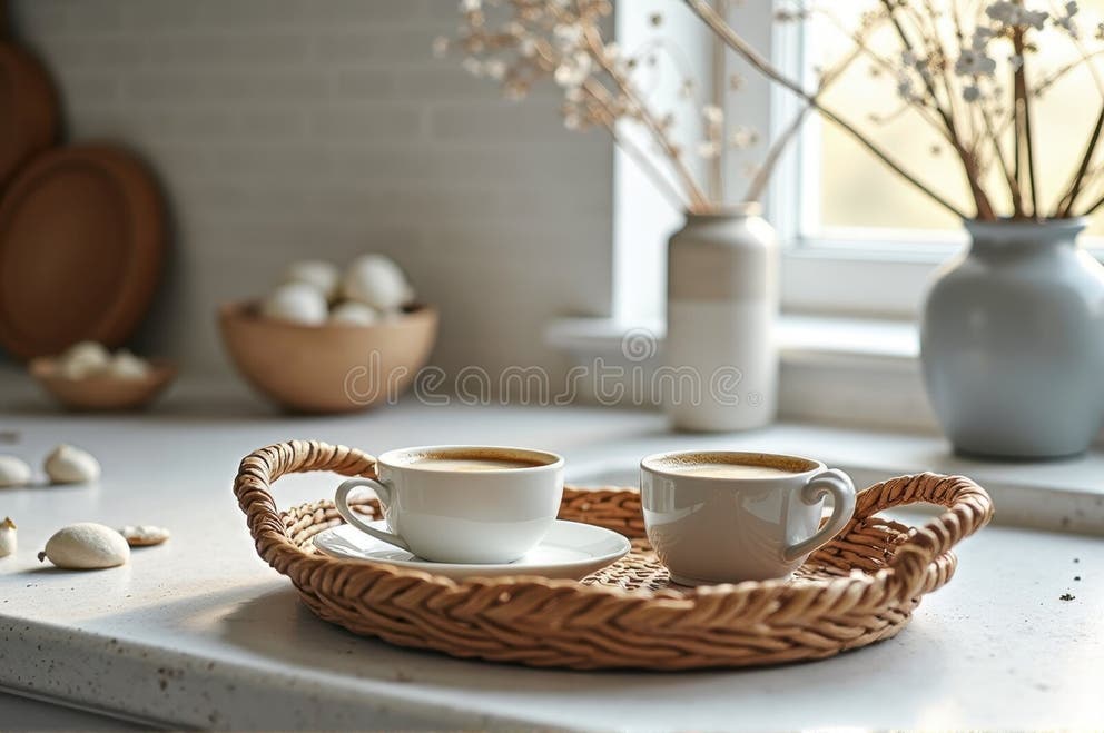 Cozy Kitchen Scene with Coffee Cups on Woven Tray in Sunlit Interior ...