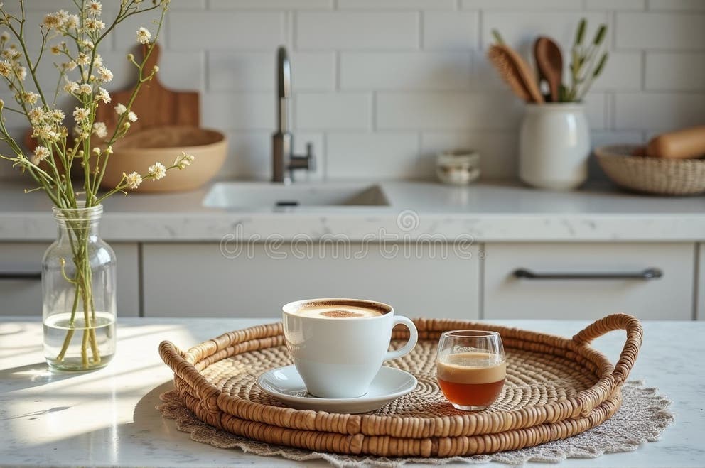 Cozy Kitchen Scene with Coffee and Espresso on Woven Tray Stock Photo ...