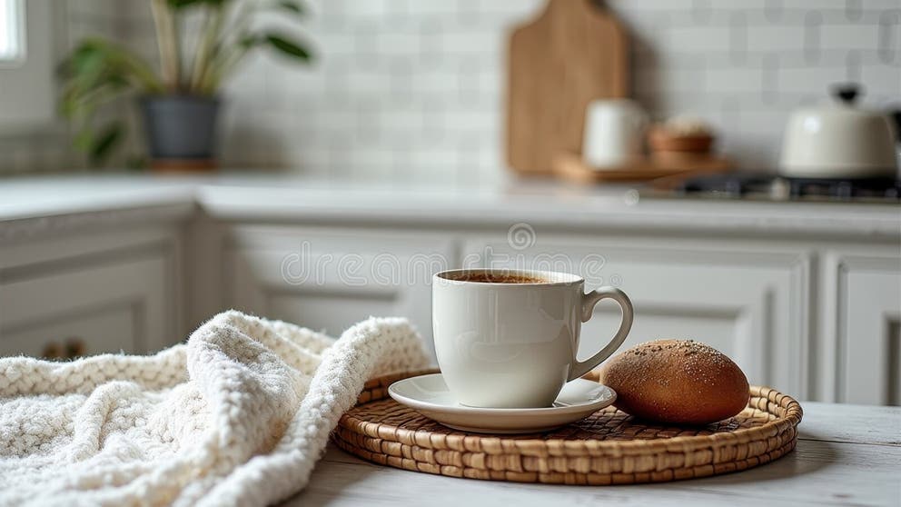 Cozy Kitchen Scene with Coffee Mug and Bread on Woven Tray Stock Image ...