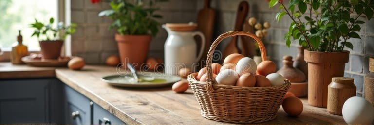 Cozy Kitchen Scene with Egg Basket and Rustic Wooden Countertop Stock ...