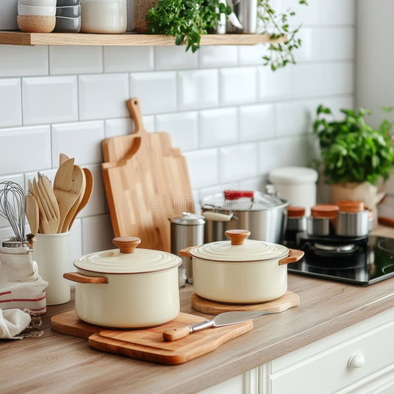 Cozy Kitchen Scene with Elegant Cookware and Wooden Cutting Boards ...