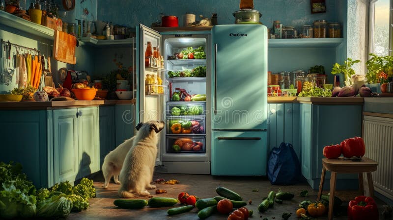 A Cozy Kitchen Scene Featuring a Curious Dog in Front of an Open Fridge ...