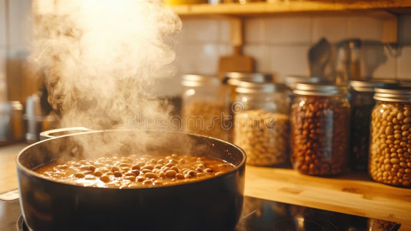 Cozy Kitchen Scene with Steaming Pot on the Stove Stock Illustration ...